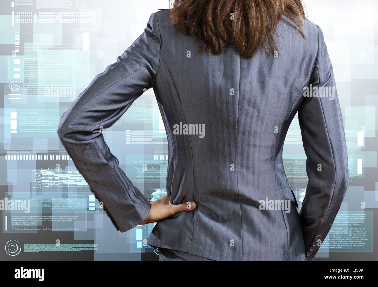 Rear view of businesswoman against digital background Stock Photo - Alamy