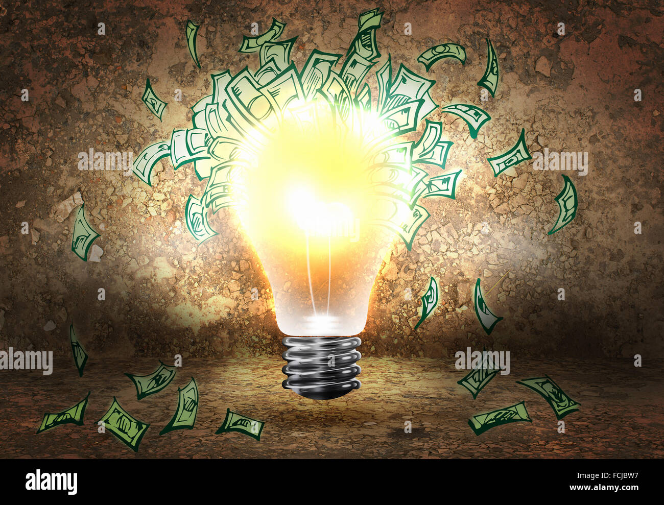 Background image with light bulb and money banknotes Stock Photo - Alamy