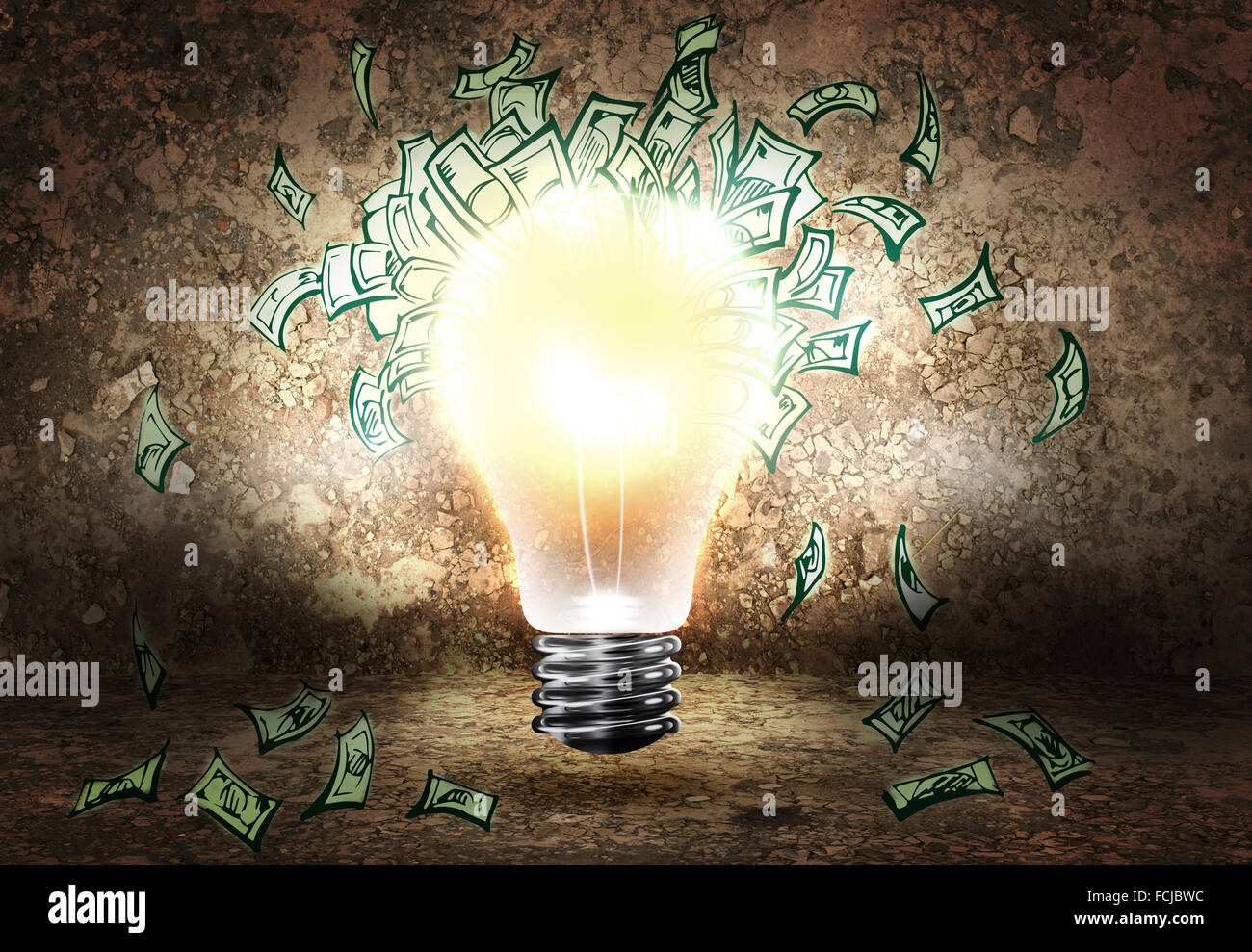 Background image with light bulb and money banknotes Stock Photo - Alamy