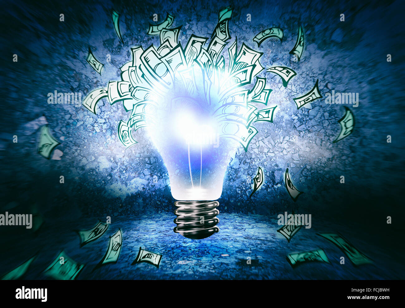 Background image with light bulb and money banknotes Stock Photo - Alamy