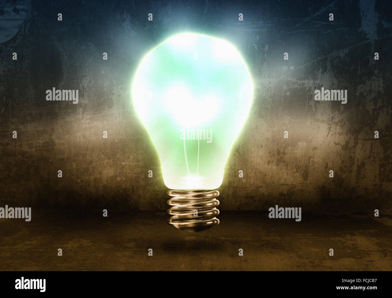 Background image with bright light bulb against cement wall Stock Photo ...