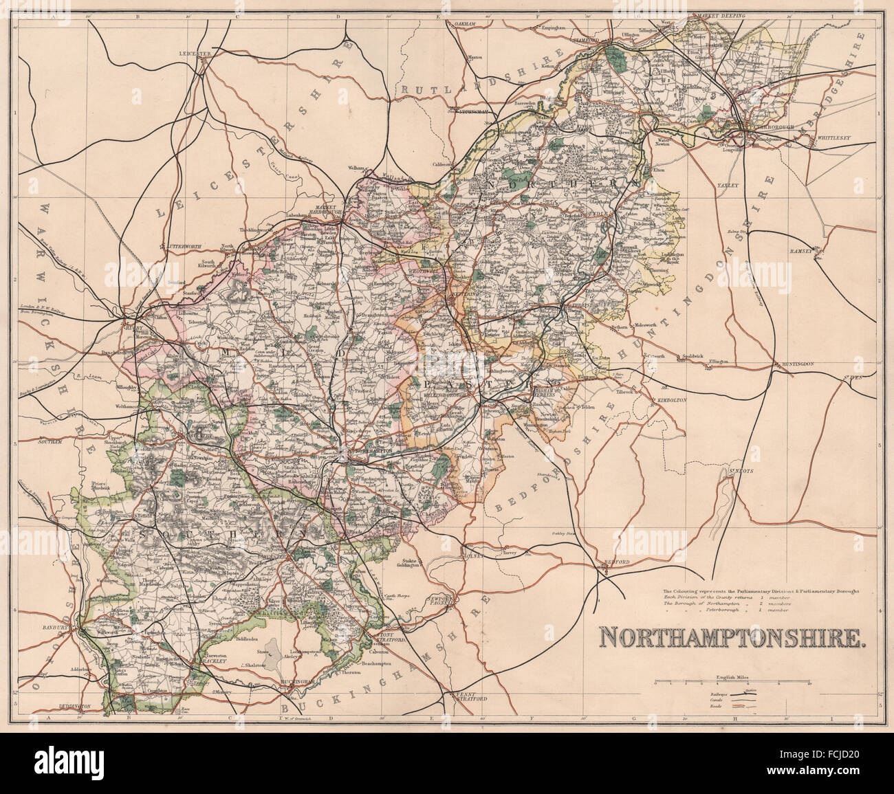 NORTHAMPTONSHIRE: County map. Divisions & parliamentary boroughs ...