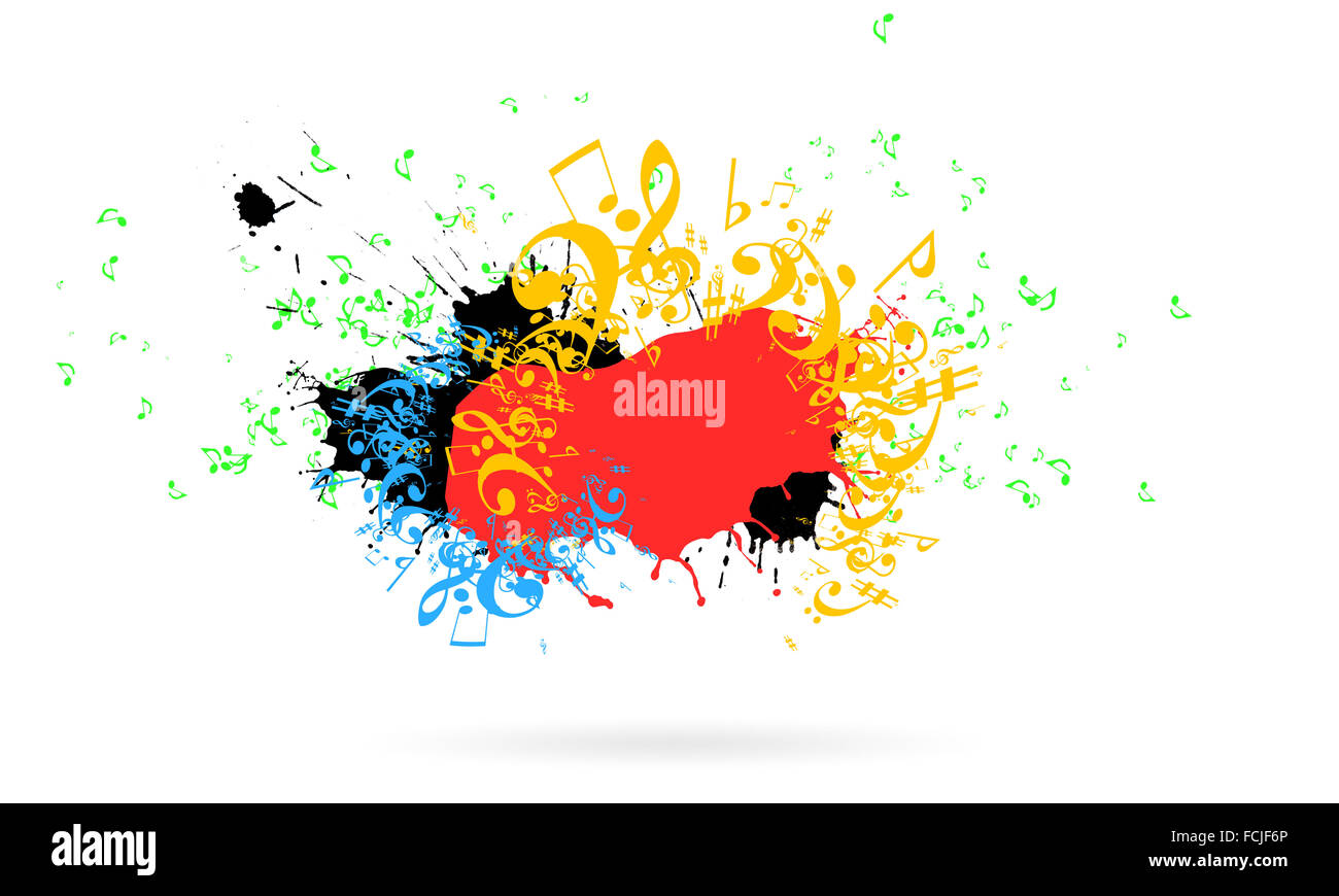 Background image with colorful splashes and music signs Stock Photo - Alamy