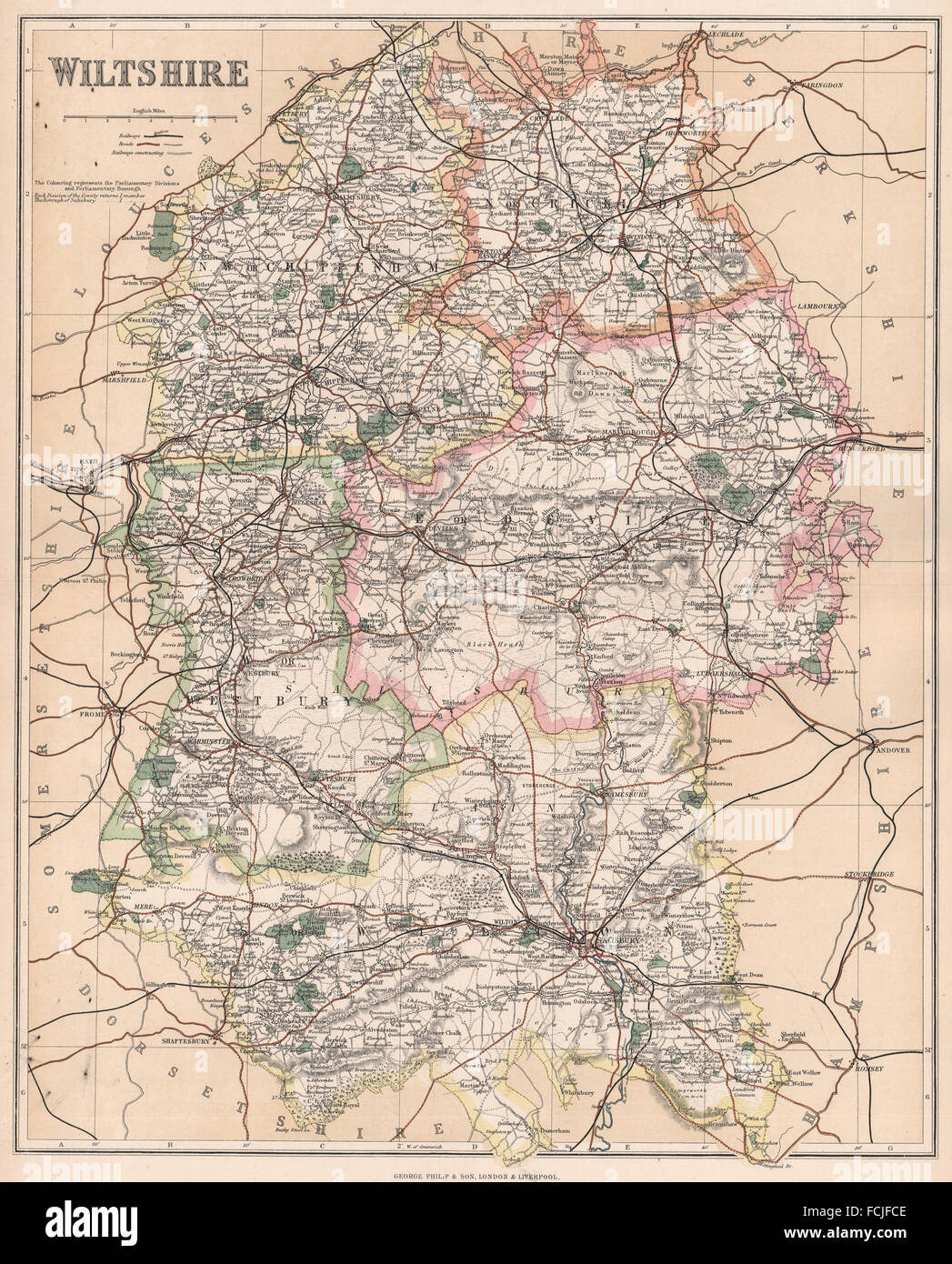 WILTSHIRE: County map showing divisions & parliamentary boroughs ...