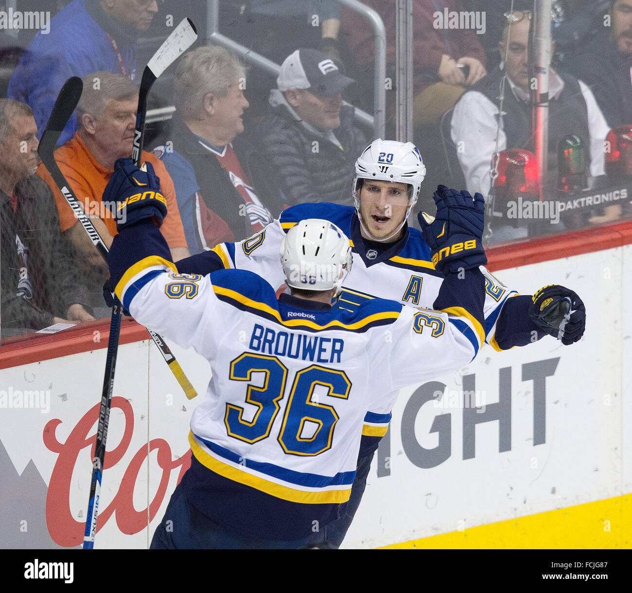 Denver, Colorado, USA. 22nd Jan, 2016. Blues LW ALEXANDER STEEN, right ...