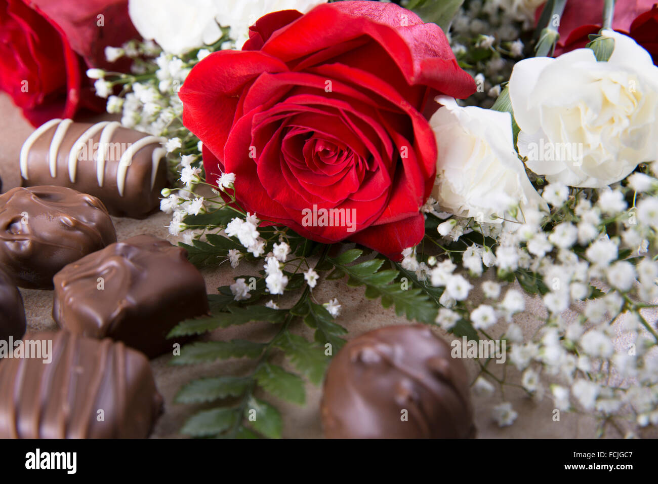 A vibrant red rose and chocolate candies to say "I Love You Stock Photo ...