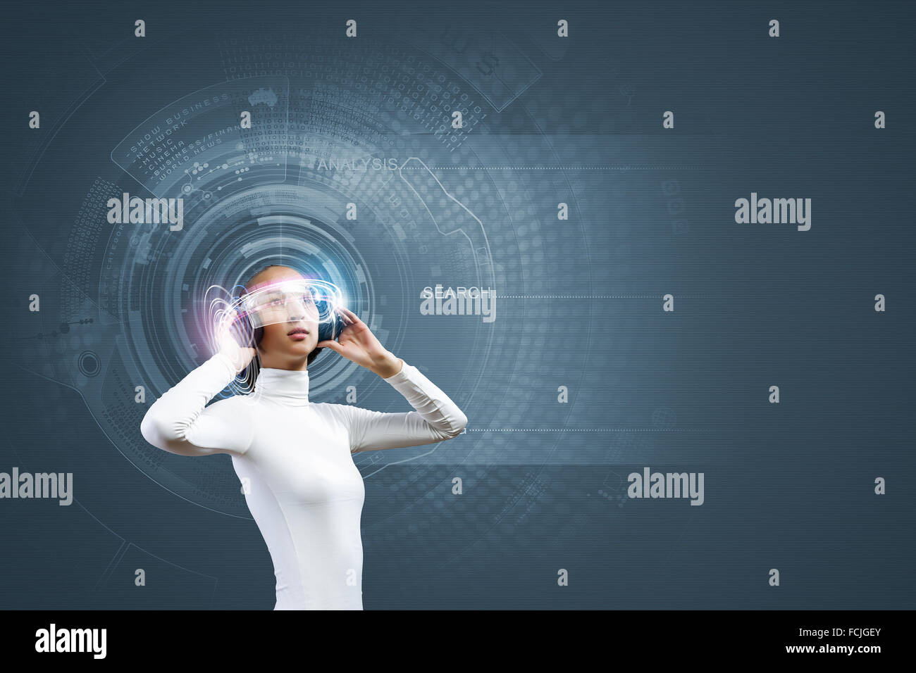 Young woman in white wearing headphones. High-tech concept Stock Photo ...