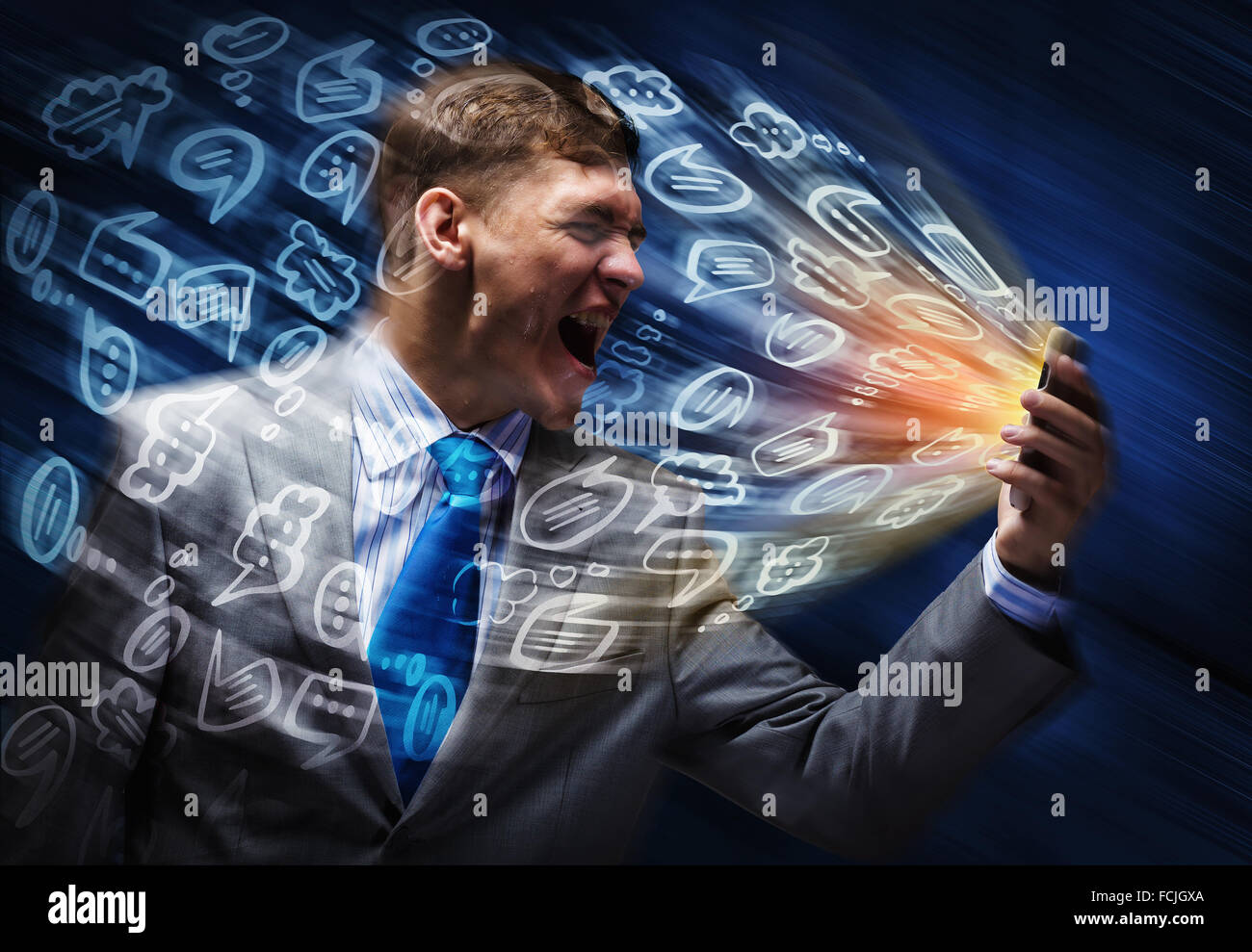 Angry businessman screaming furiously in mobile phone Stock Photo - Alamy