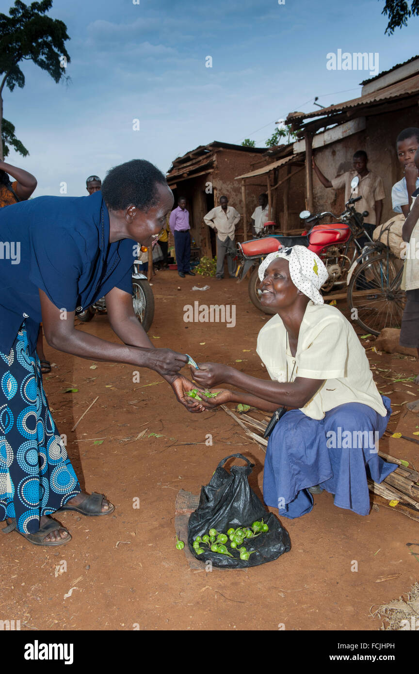 Trading at a roadside market with traders selling food items. Uganda ...