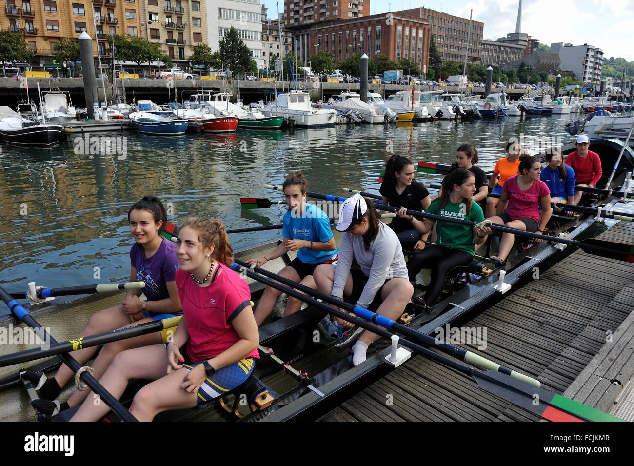 rowing female team at San Sebastian´s harbour, Bay of Biscay, province ...