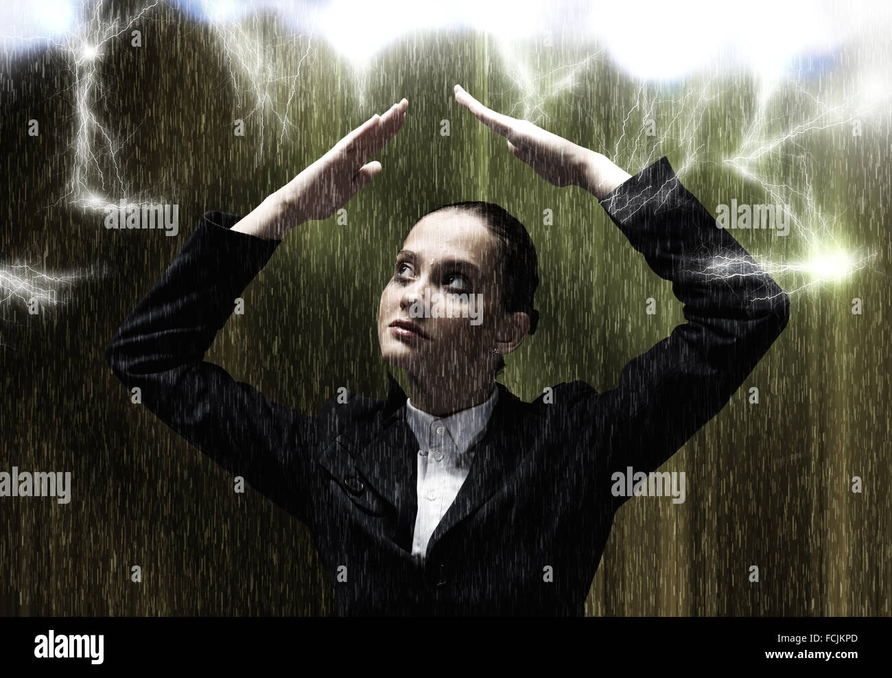 Young upset crying businesswoman protecting head with arms Stock Photo ...