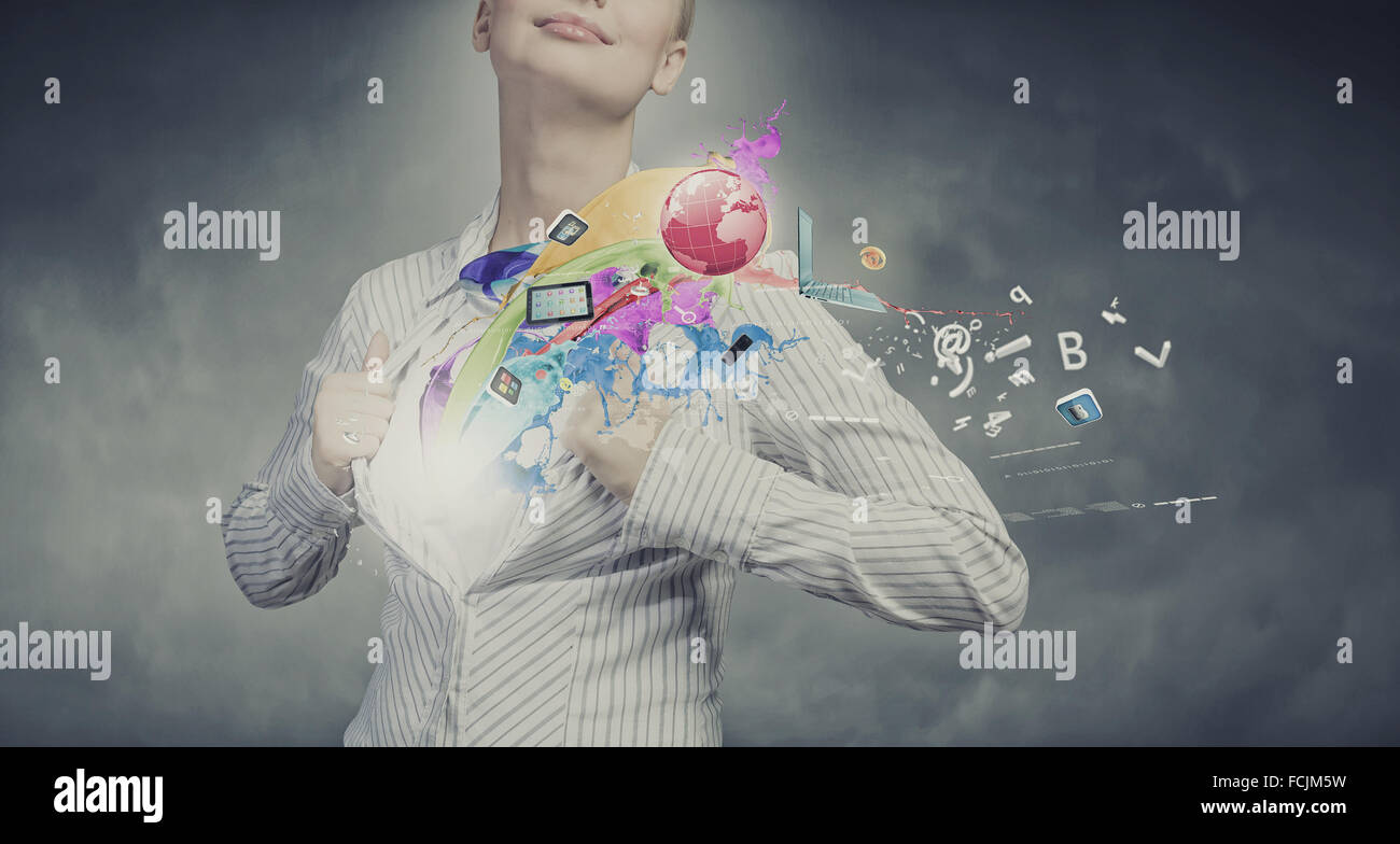 Young woman tearing shirt on chest and splashes flying out Stock Photo ...