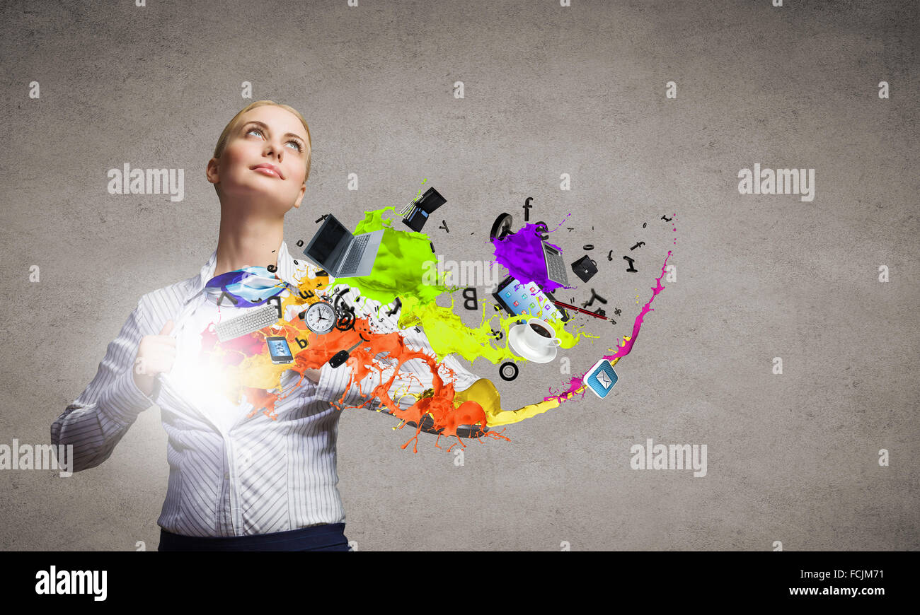 Young woman tearing shirt on chest and splashes flying out Stock Photo ...