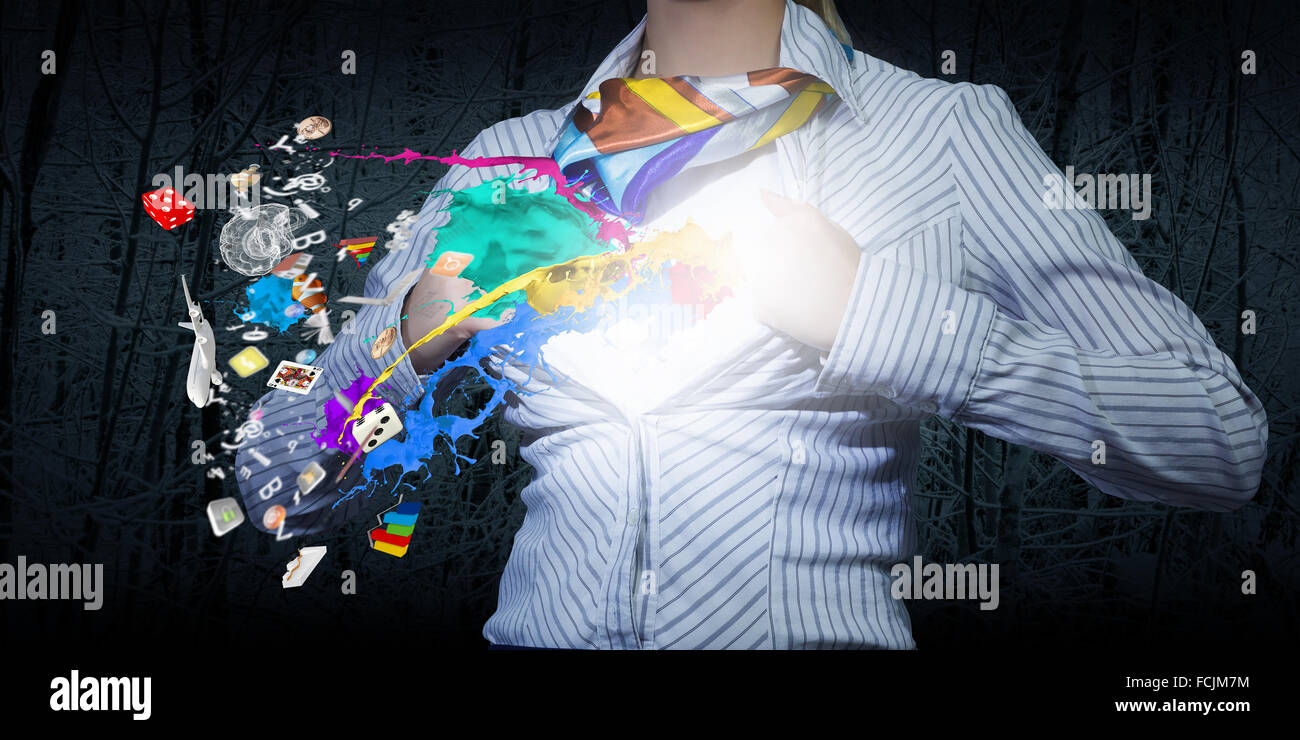 Young woman tearing shirt on chest and splashes flying out Stock Photo ...