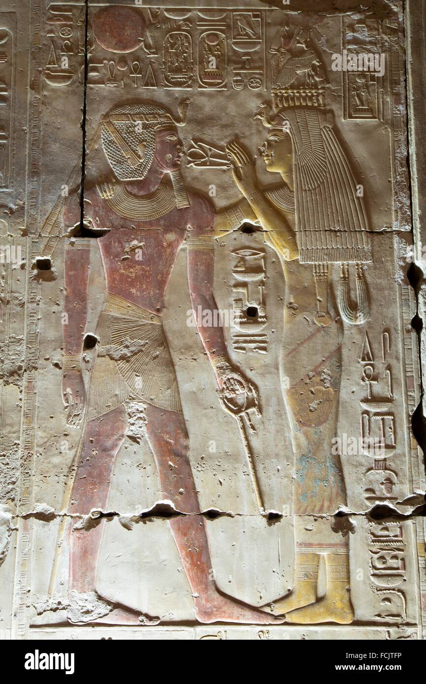 Bas-relief, Pharaoh Seti I (left), Temple of Seti I, Abydos, Egypt ...