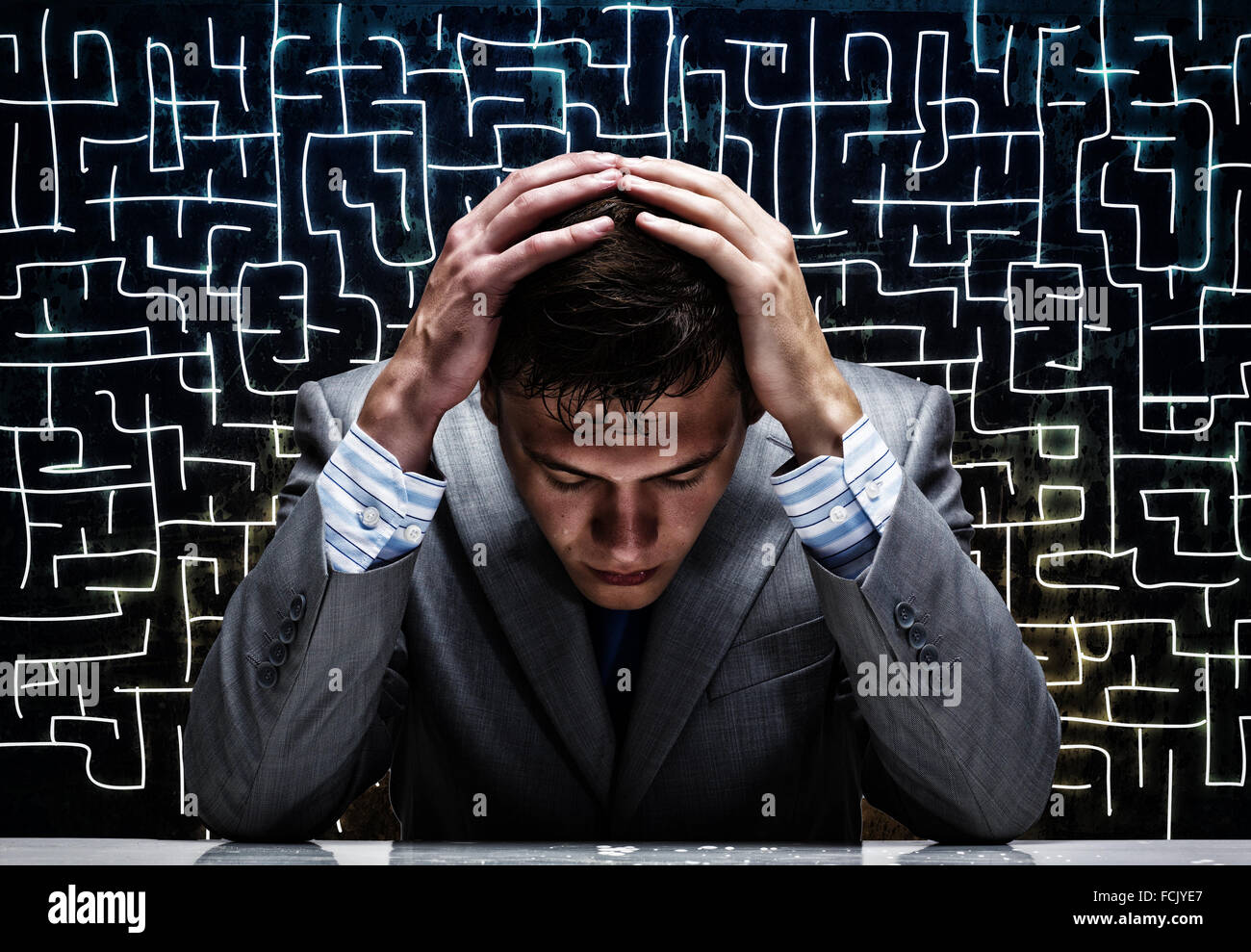 Depressed tired businessman with hands on head Stock Photo - Alamy