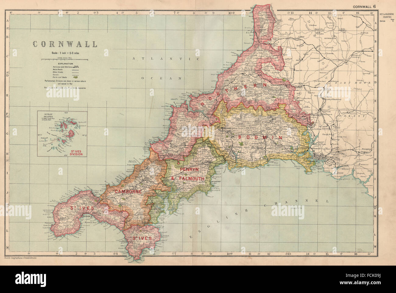 CORNWALL: Showing Parliamentary divisions, boroughs & parks. BACON ...