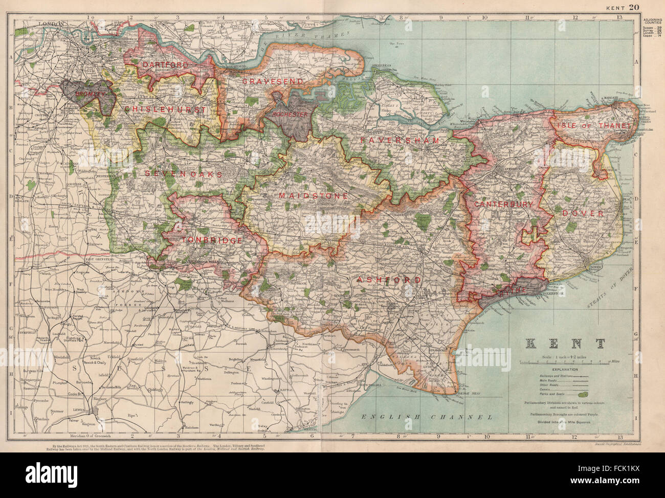KENT: Showing Parliamentary divisions, boroughs & parks. BACON, 1936 ...