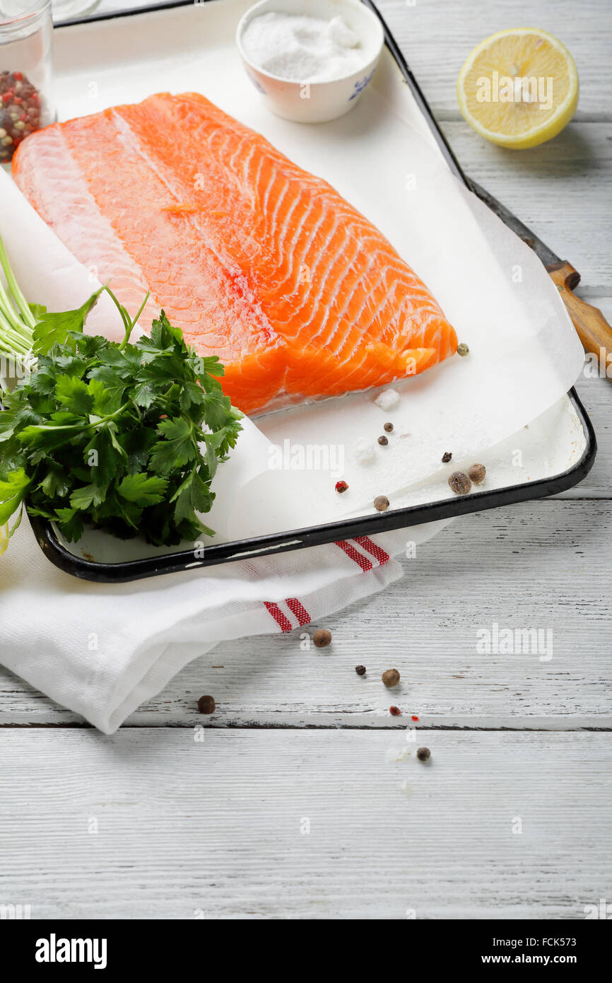 fresh trout fillet with spice on white boards, food Stock Photo - Alamy