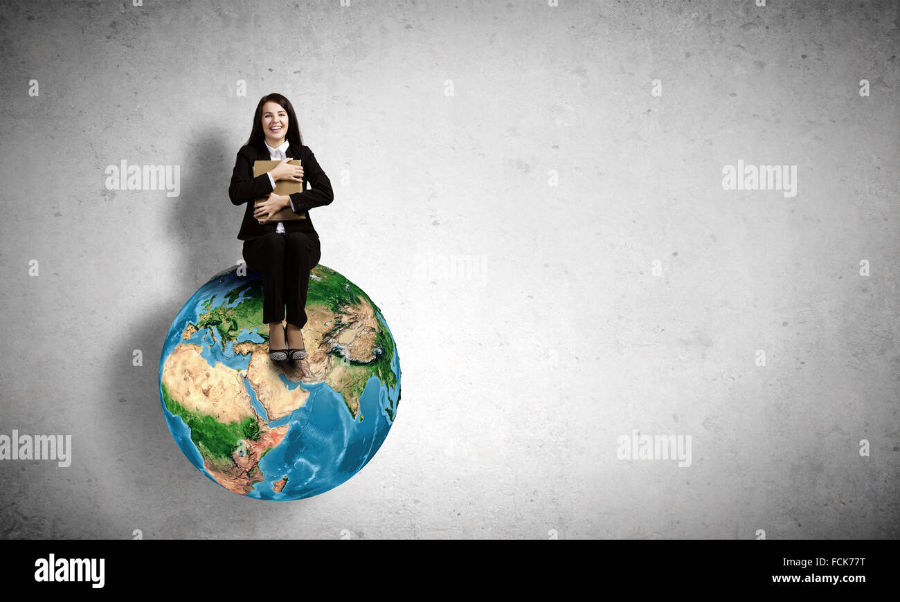 Young woman sitting on Earth planet with book in hands. Elements of ...