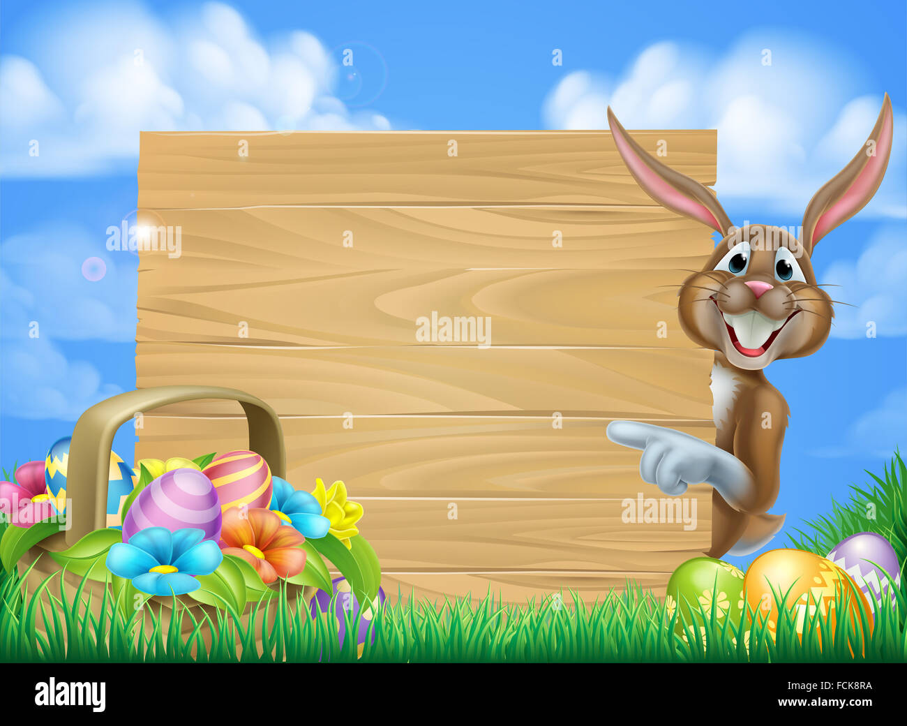 Cartoon easter scene of an Easter bunny rabbit pointing at a sign with ...