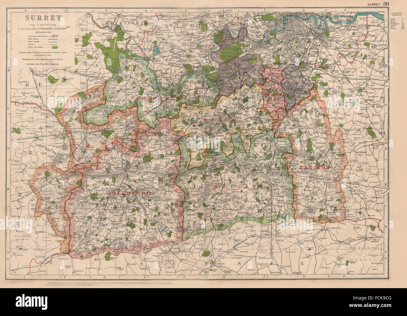 SURREY: Showing Parliamentary divisions, boroughs & parks. BACON, 1936 ...