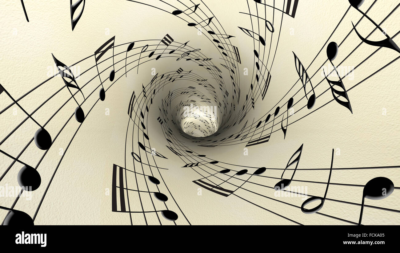 Musical notes on old vintage paper in the vortex movement Stock Photo ...