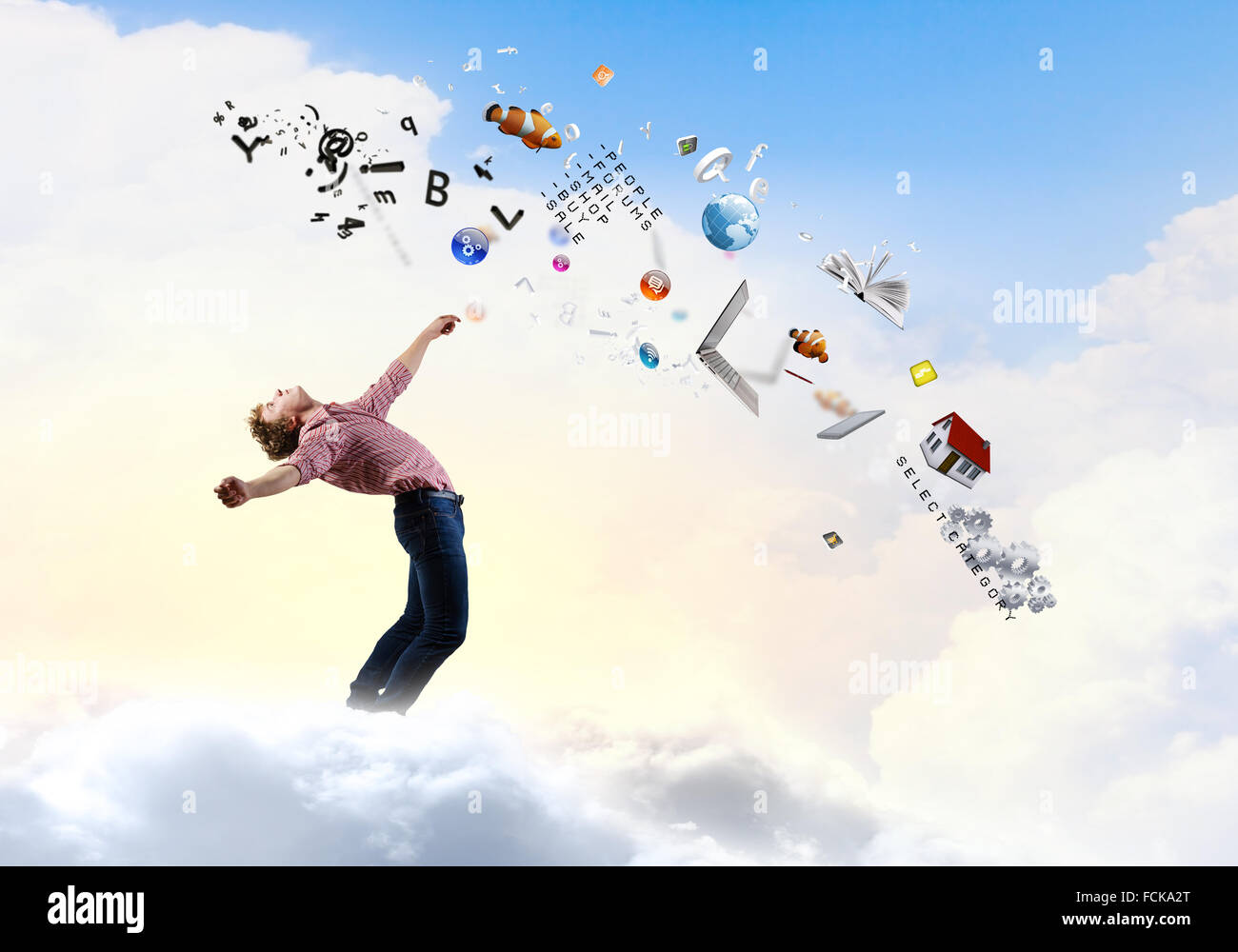 Young guy in casual evading from colorful splashes Stock Photo - Alamy