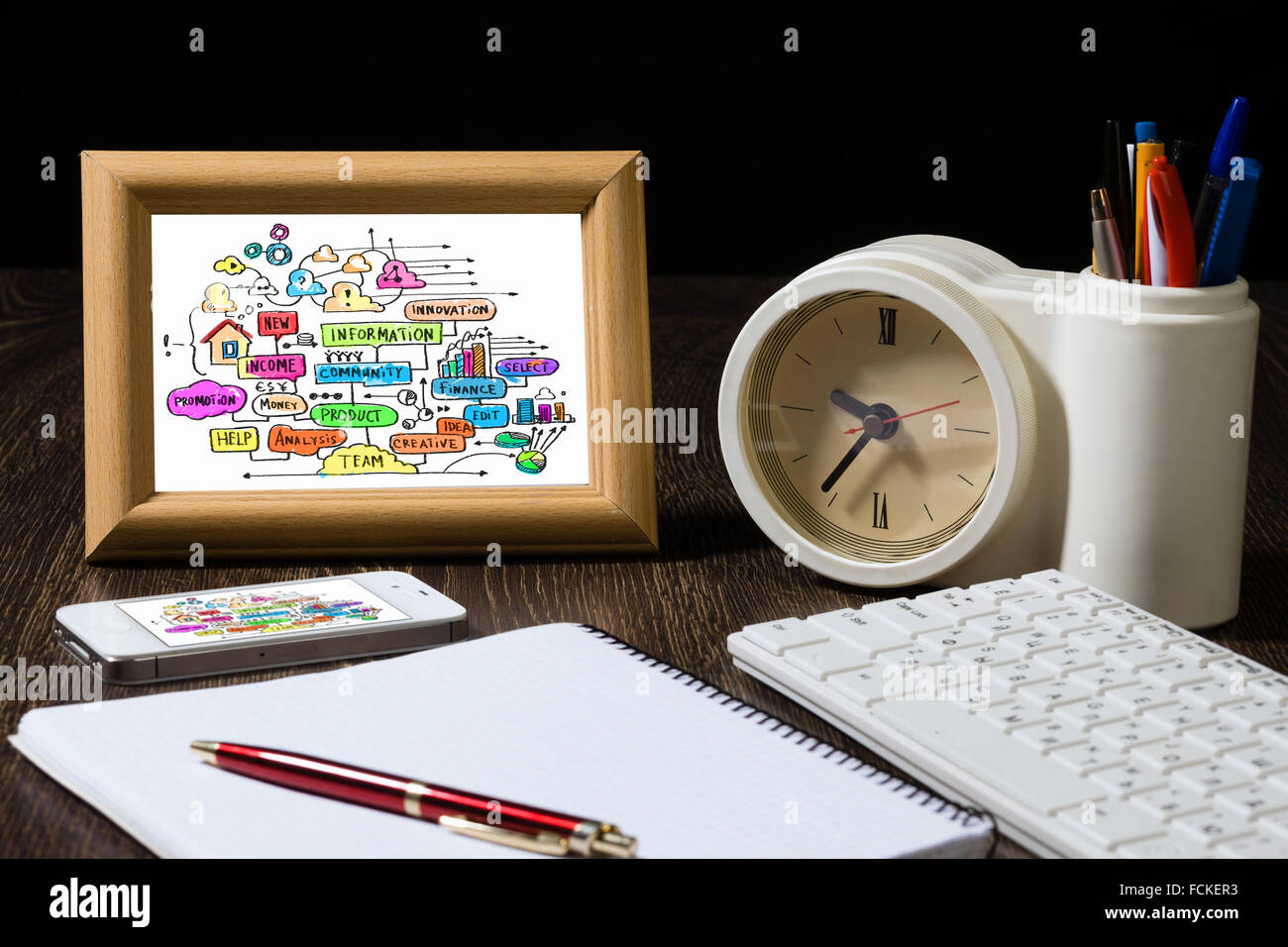 Close up of office workplace with notepad and keyboard Stock Photo - Alamy
