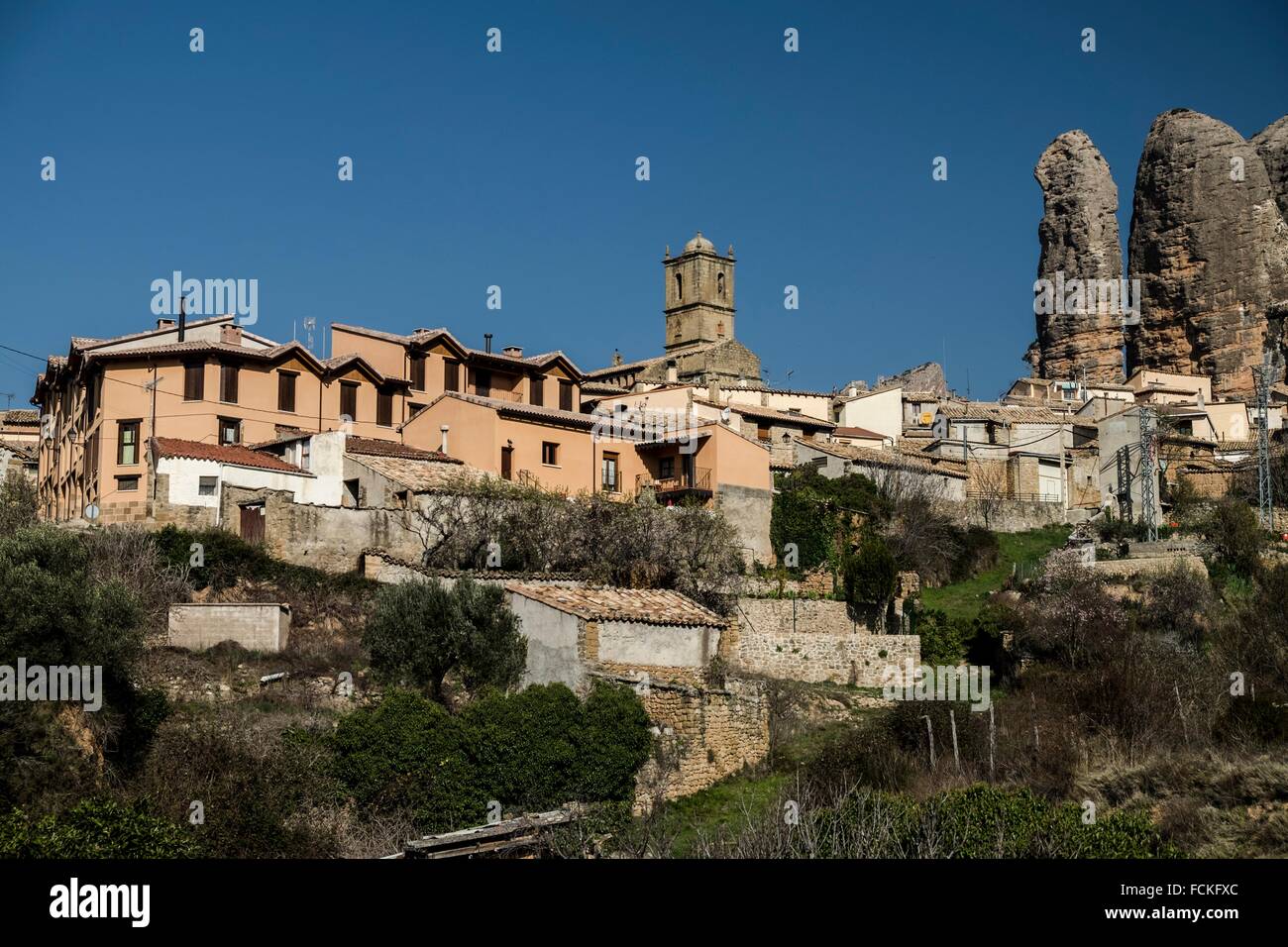 Aguero Village with rock formation background, Huesca, Aragon, Spain ...