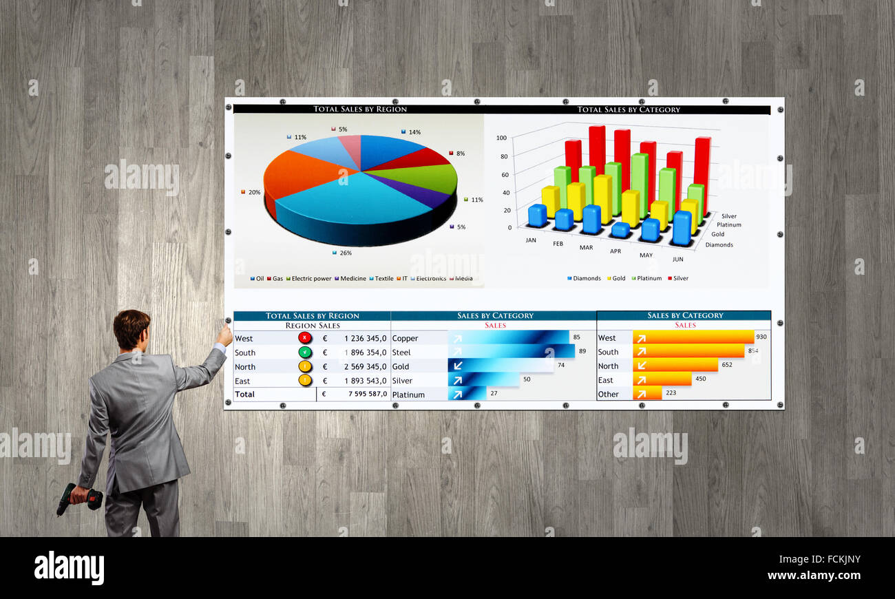 Rear view of businessman fixing banner on wall Stock Photo - Alamy