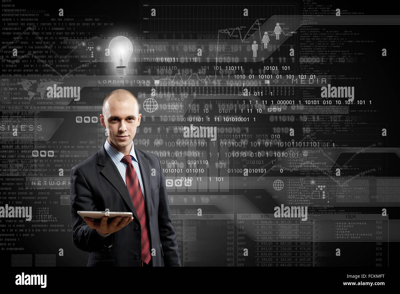 Young bald businessman with tablet pc against digital background Stock ...