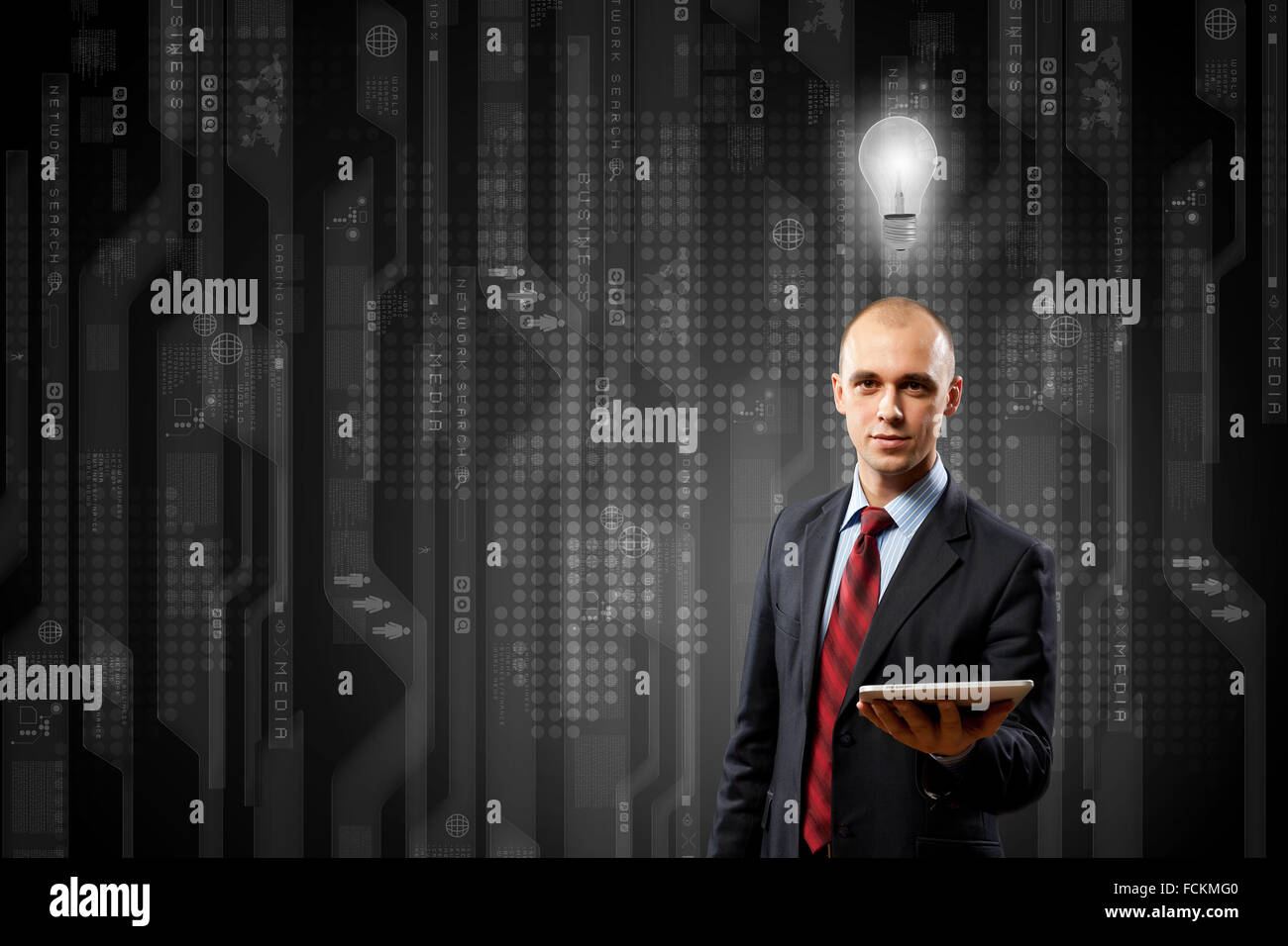 Young bald businessman with tablet pc against digital background Stock ...