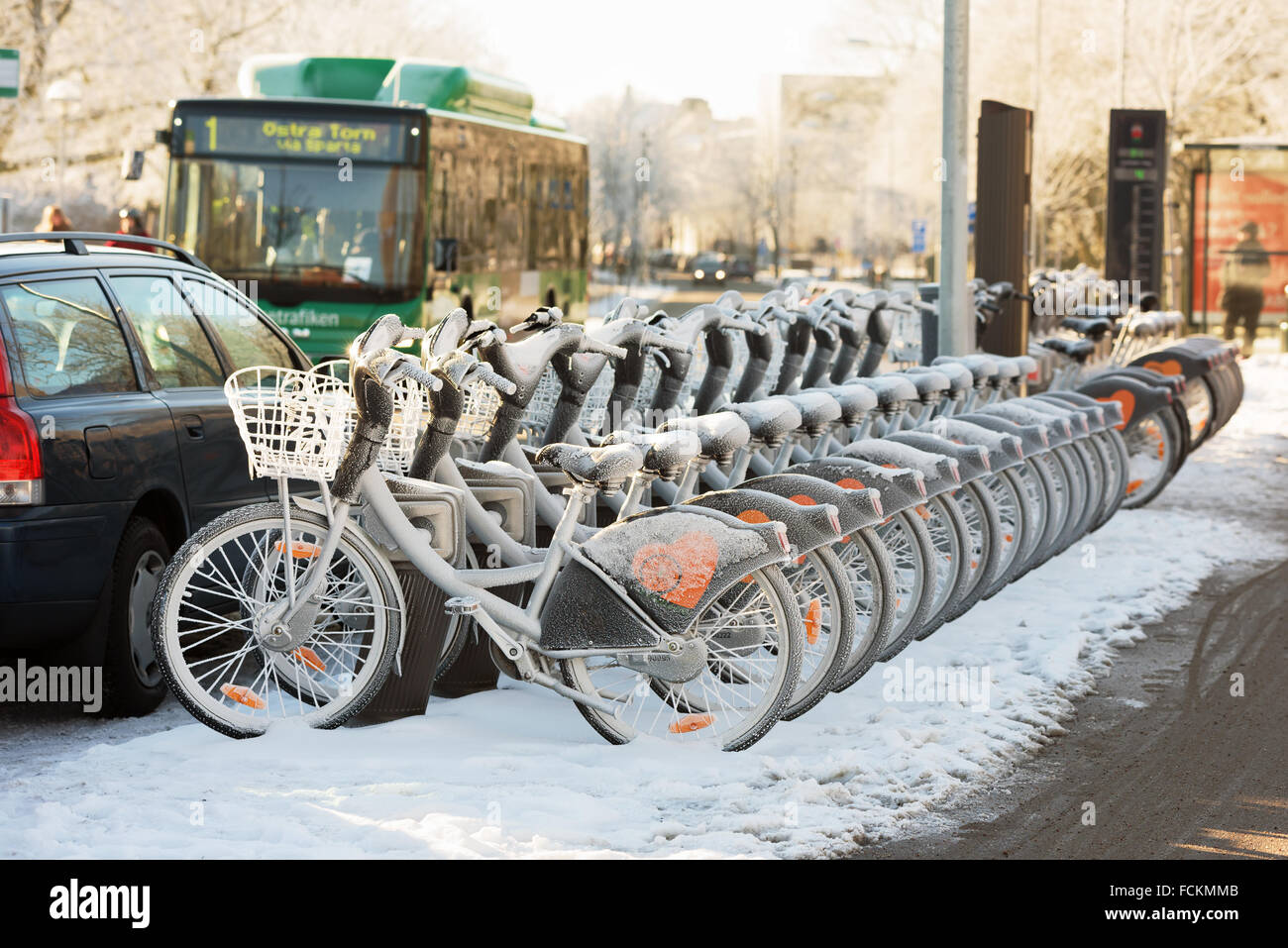 Lund, Sweden - January 21, 2016: Rental bikes parked in winter urban ...
