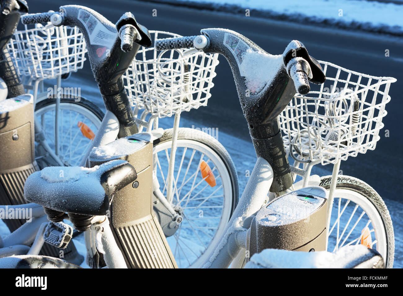 Lund, Sweden - January 21, 2016: Rental bikes parked in winter urban ...