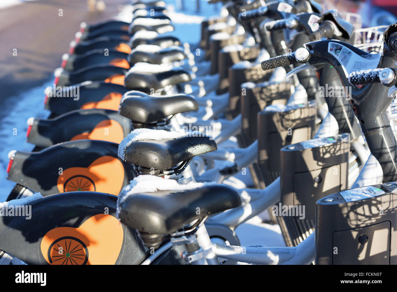 Lund, Sweden - January 21, 2016: Rental bikes parked in winter urban ...