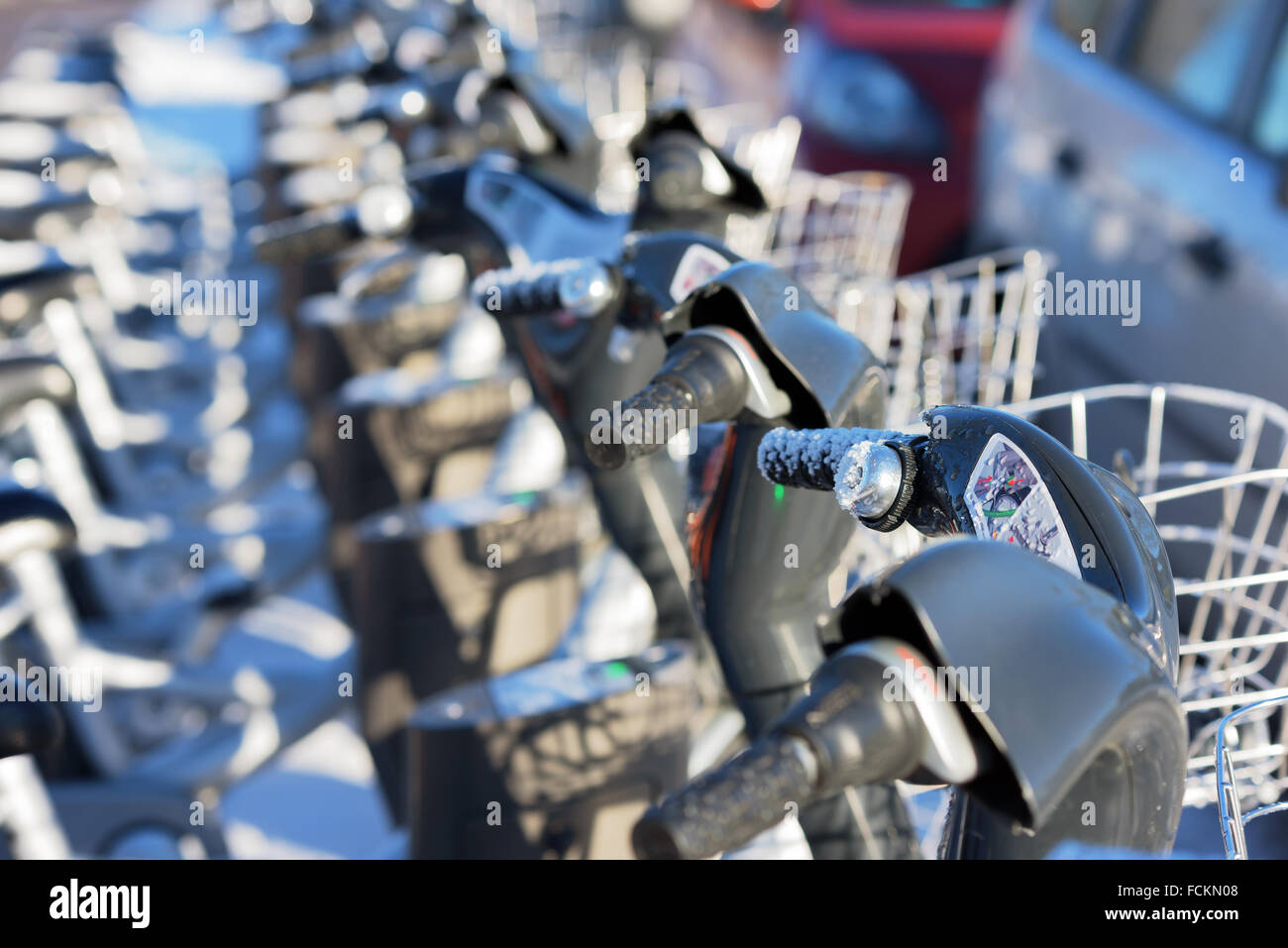 Lund, Sweden - January 21, 2016: Rental bikes parked in winter urban ...