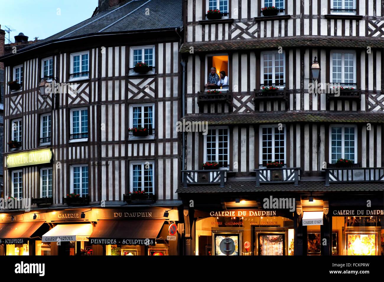 street scene, traditional architecture, Honfleur, Calvados, Normandy ...
