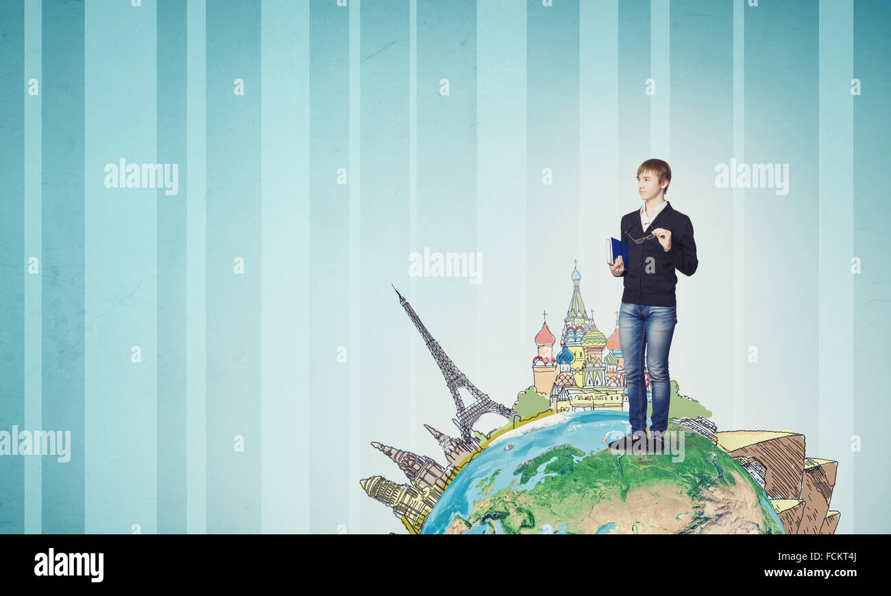 Young guy standing on Earth planet with books in hands. elements of ...