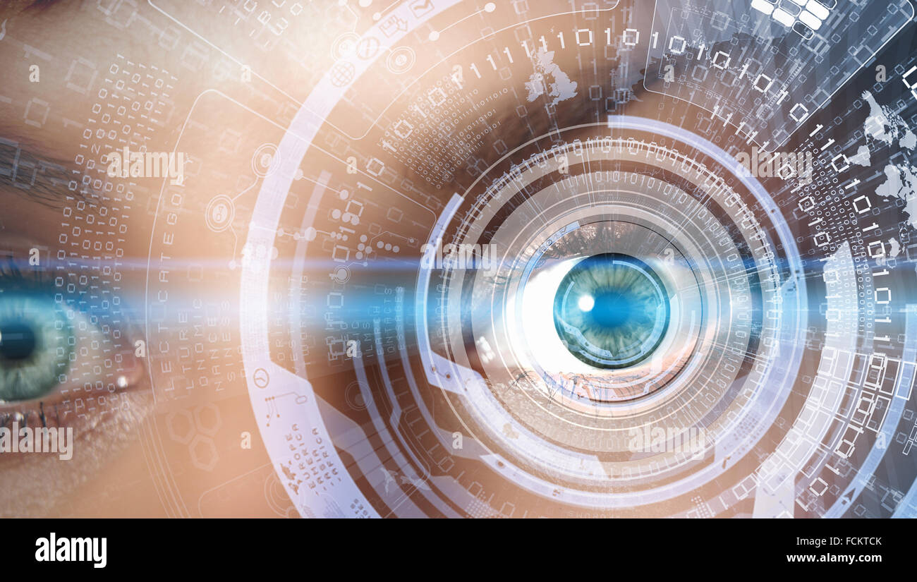 Close up of woman eye with digital icons Stock Photo - Alamy