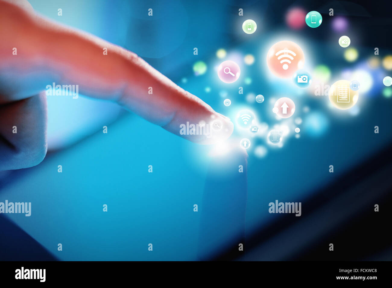 Close up of human hand touching screen of tablet Stock Photo - Alamy