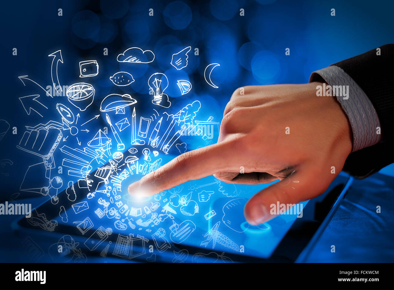 Close up of human hand touching screen of tablet Stock Photo - Alamy