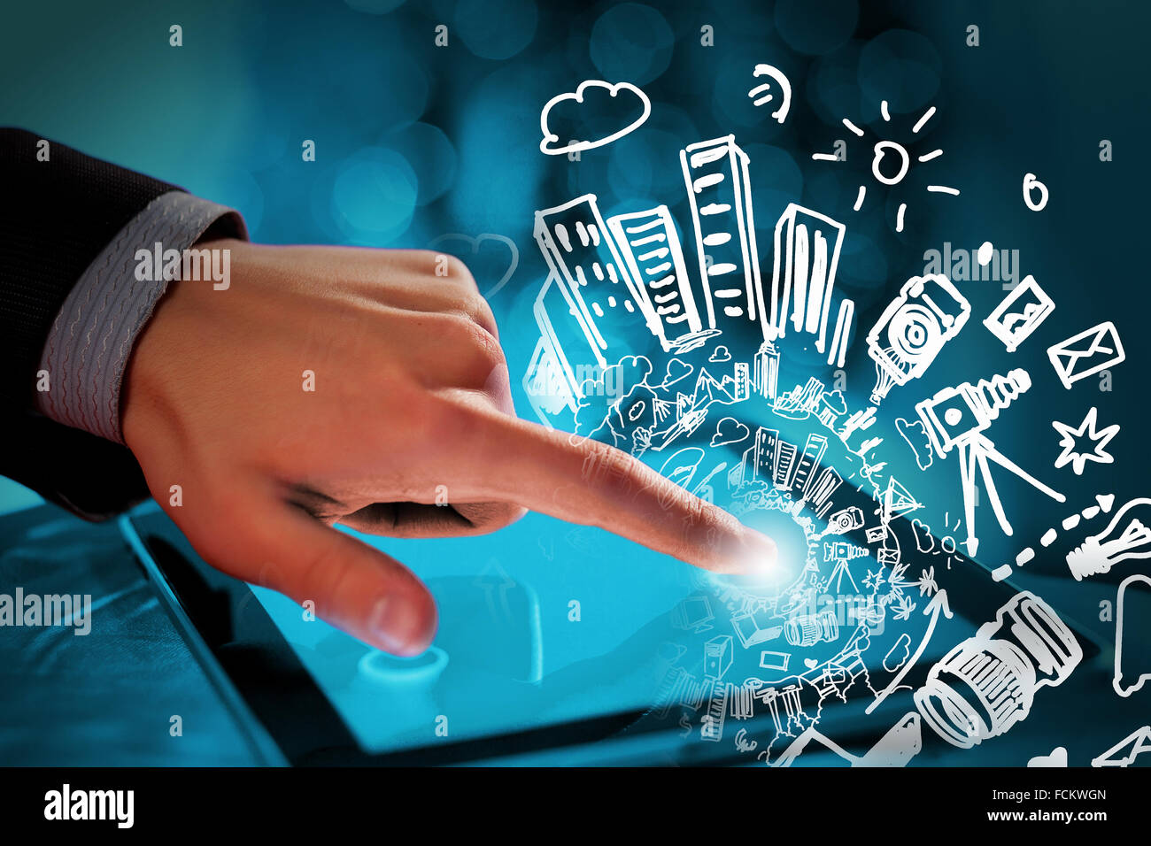 Close up of human hand touching screen of tablet Stock Photo - Alamy