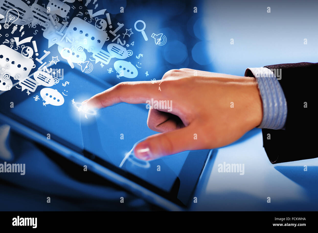 Close up of human hand touching screen of tablet Stock Photo - Alamy