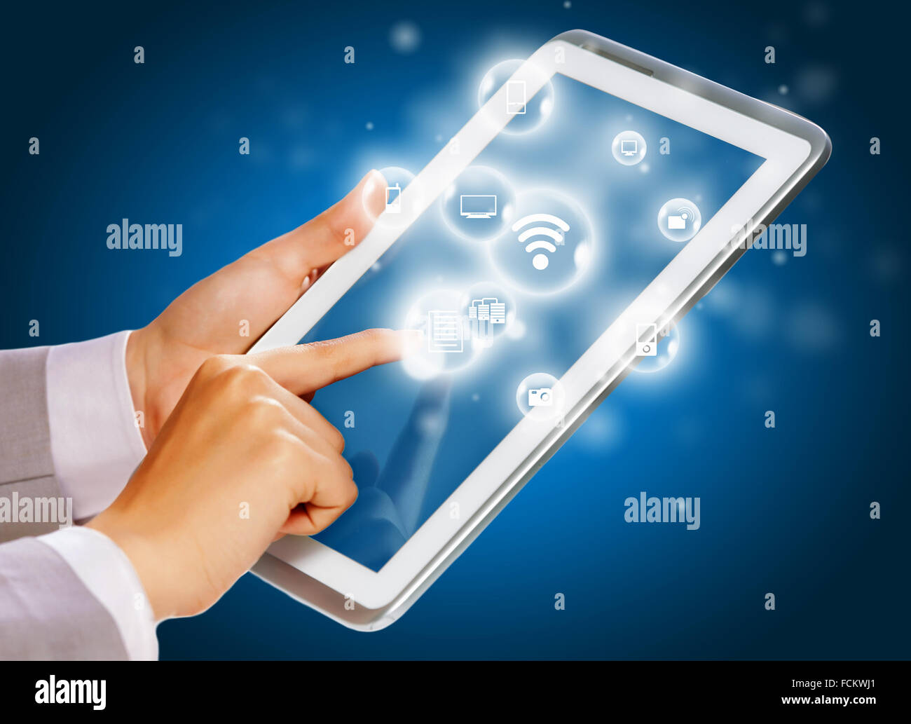 Close up of human hand touching screen of tablet Stock Photo - Alamy