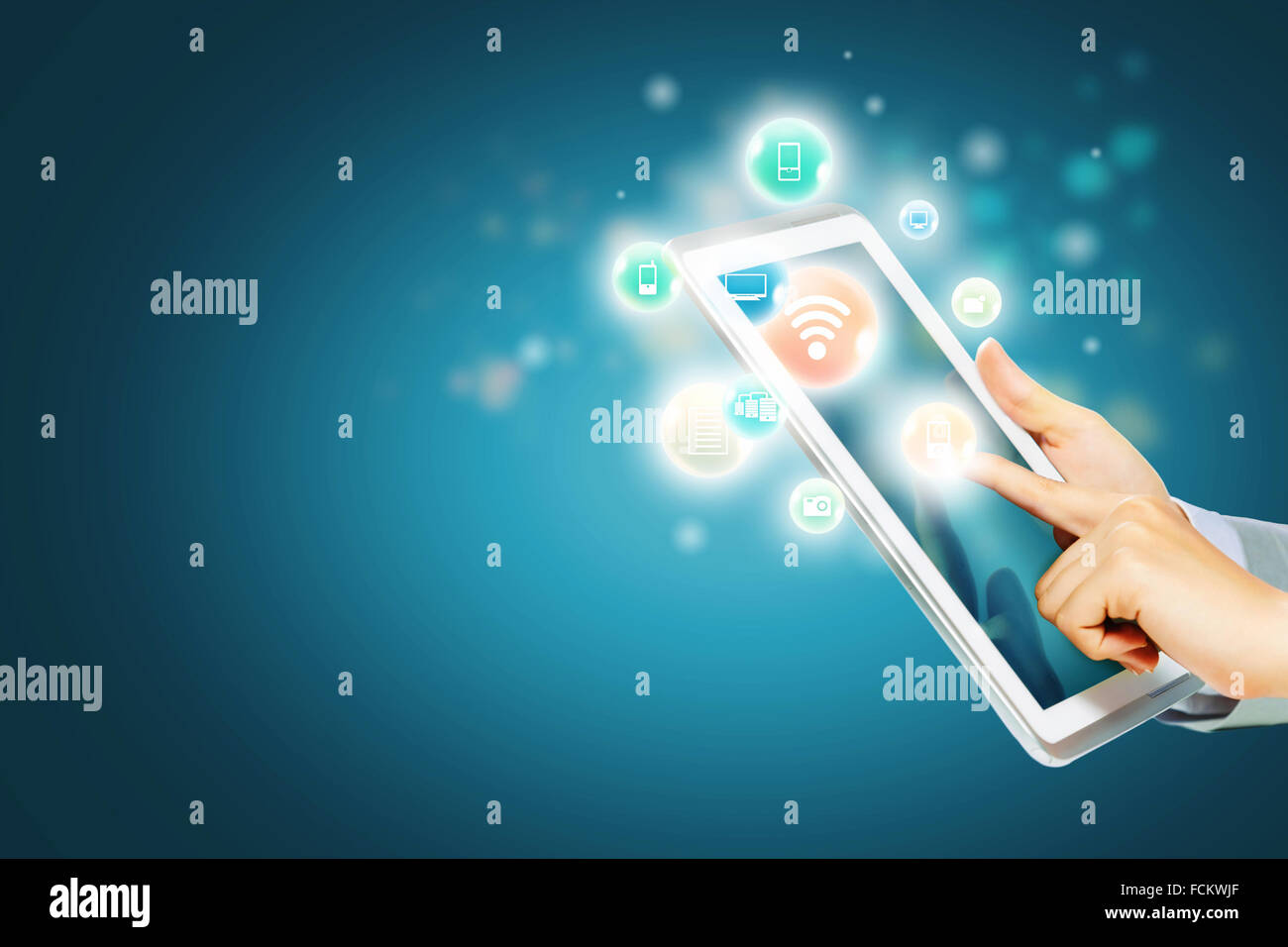 Close up of human hand touching screen of tablet Stock Photo - Alamy