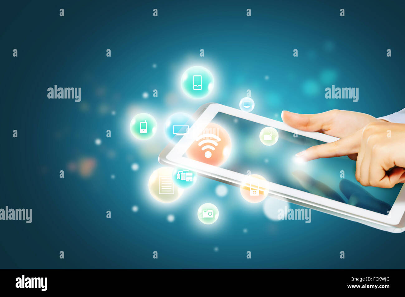 Close up of human hand touching screen of tablet Stock Photo - Alamy