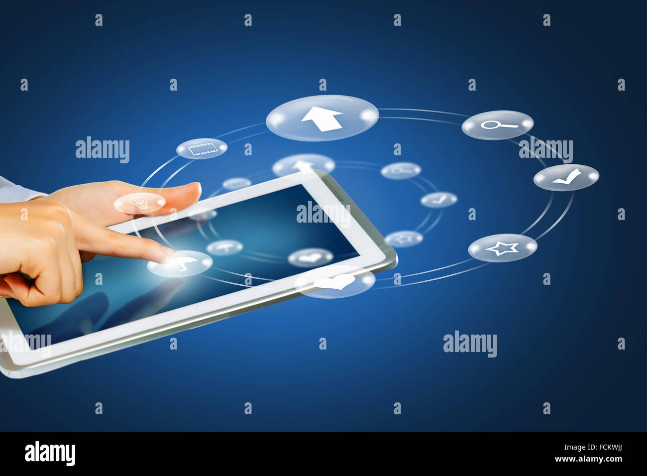 Close up of human hand touching screen of tablet Stock Photo - Alamy