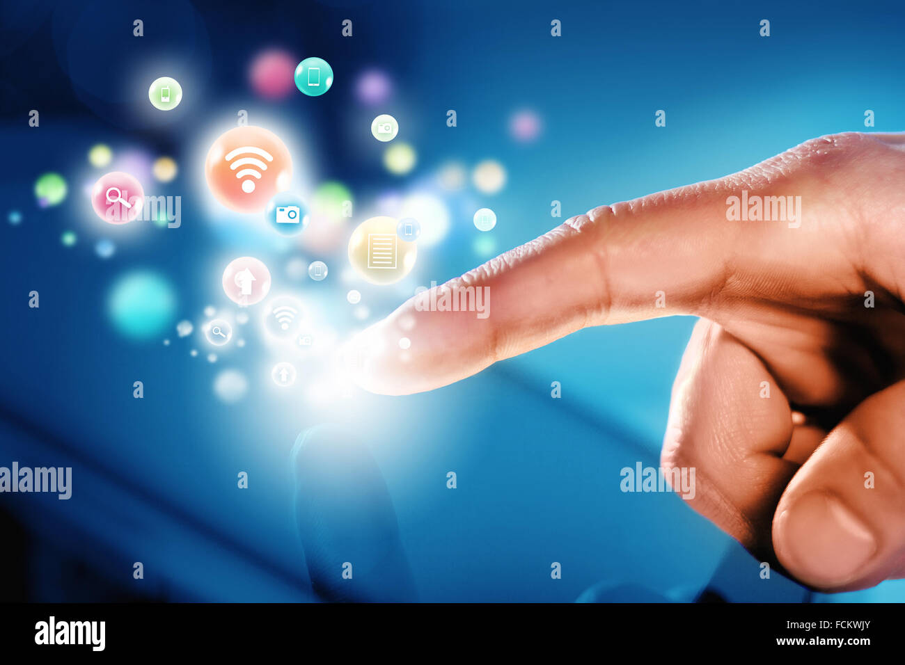 Close up of human hand touching screen of tablet Stock Photo - Alamy