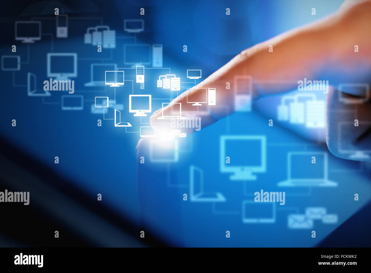 Close up of human hand touching screen of tablet Stock Photo - Alamy